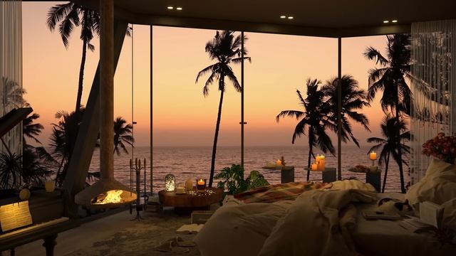 720p Summer Cozy Bedroom View of the Beach Sunset  Smooth Piano Jazz Music for Relaxing, Chilling