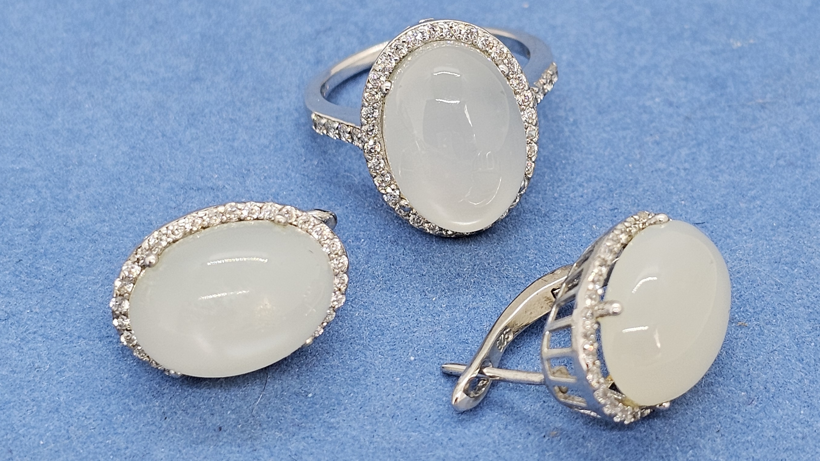 лунный камень (с эффектом кошачий глаз) и куб цирконий 925 кольцо и серьги