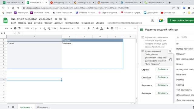 Создание сводной таблицы "сумма продаж в рублях"