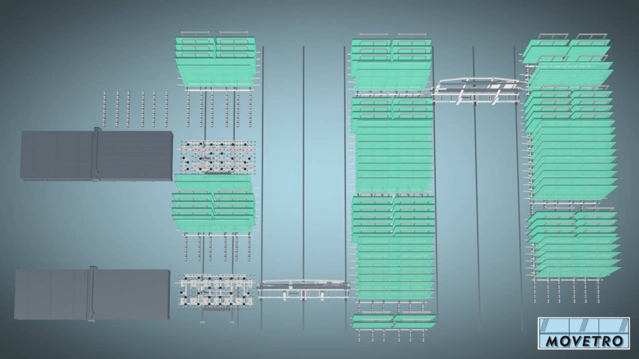Автоматический склад стекла Movetro с шаттлом TMA и двумя рядами подвижных ячеек