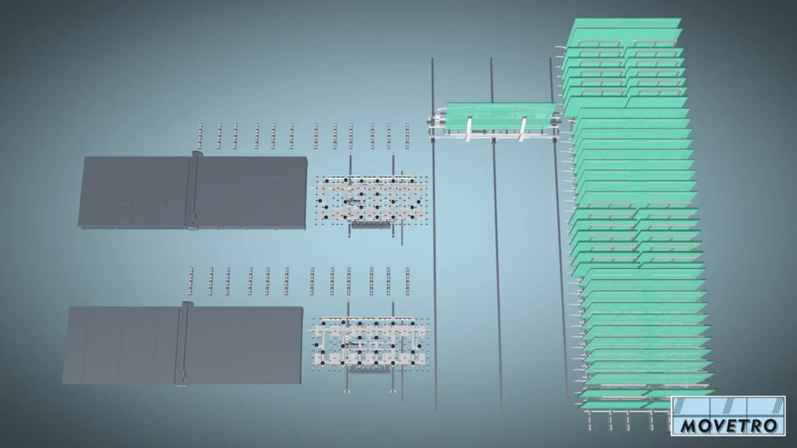 Автоматический склад стекла Movetro с шаттлом TMA и одним рядом подвижных ячеек