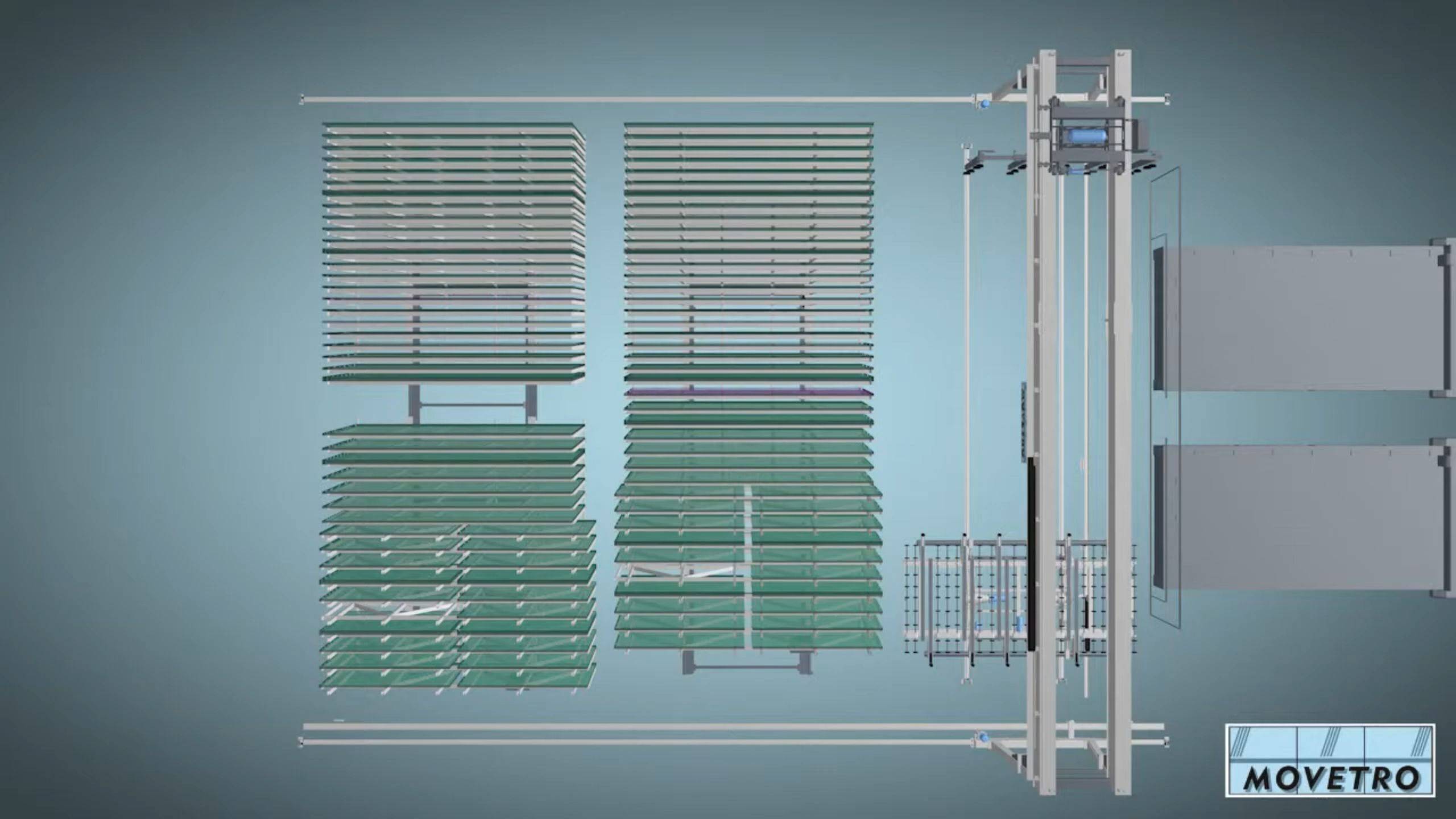 Автоматический склад стекла Movetro с загрузчиком для листов стекла CAM на козловом кране