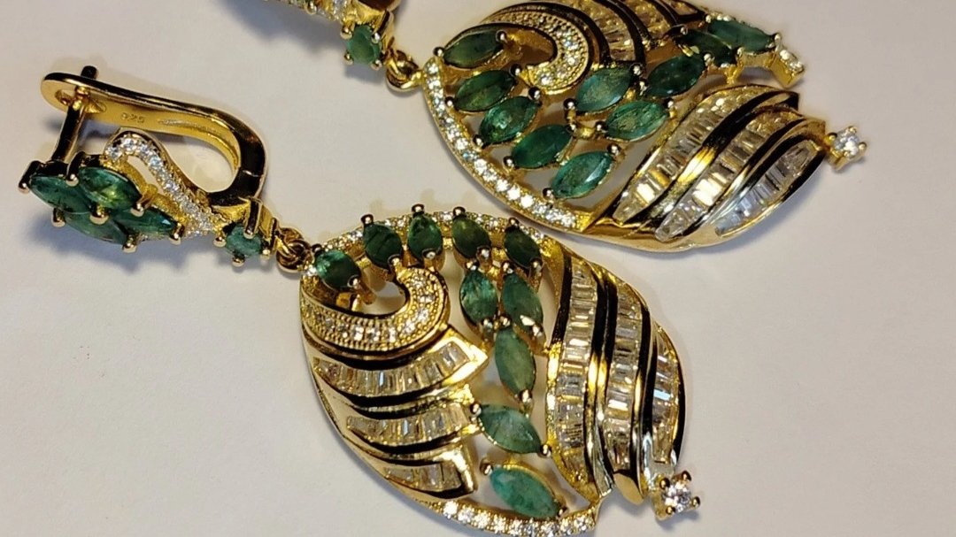 Изумруд и КУБИЧЕСКИЙ цирконий 14K желтое золотое покрытие 925 серебряные серьги