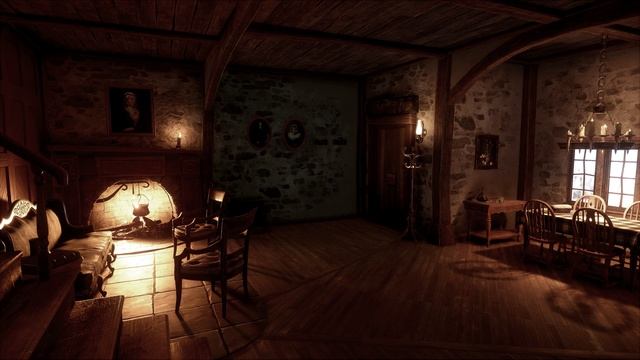 Уютный сказочный домик с теплым камином и приятными звуками дождя и грома.