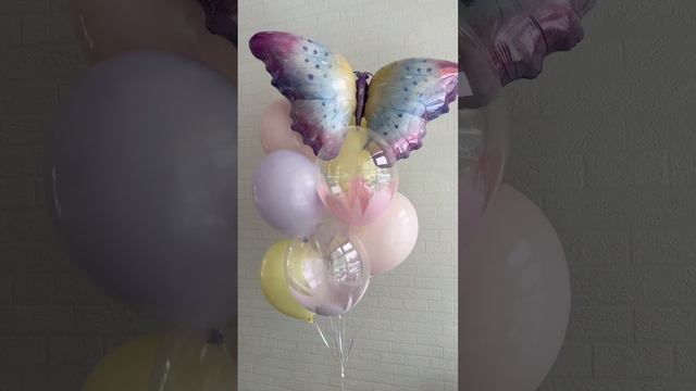 Фонтан гелиевых шаров макарунс с бабочкой  #shorts