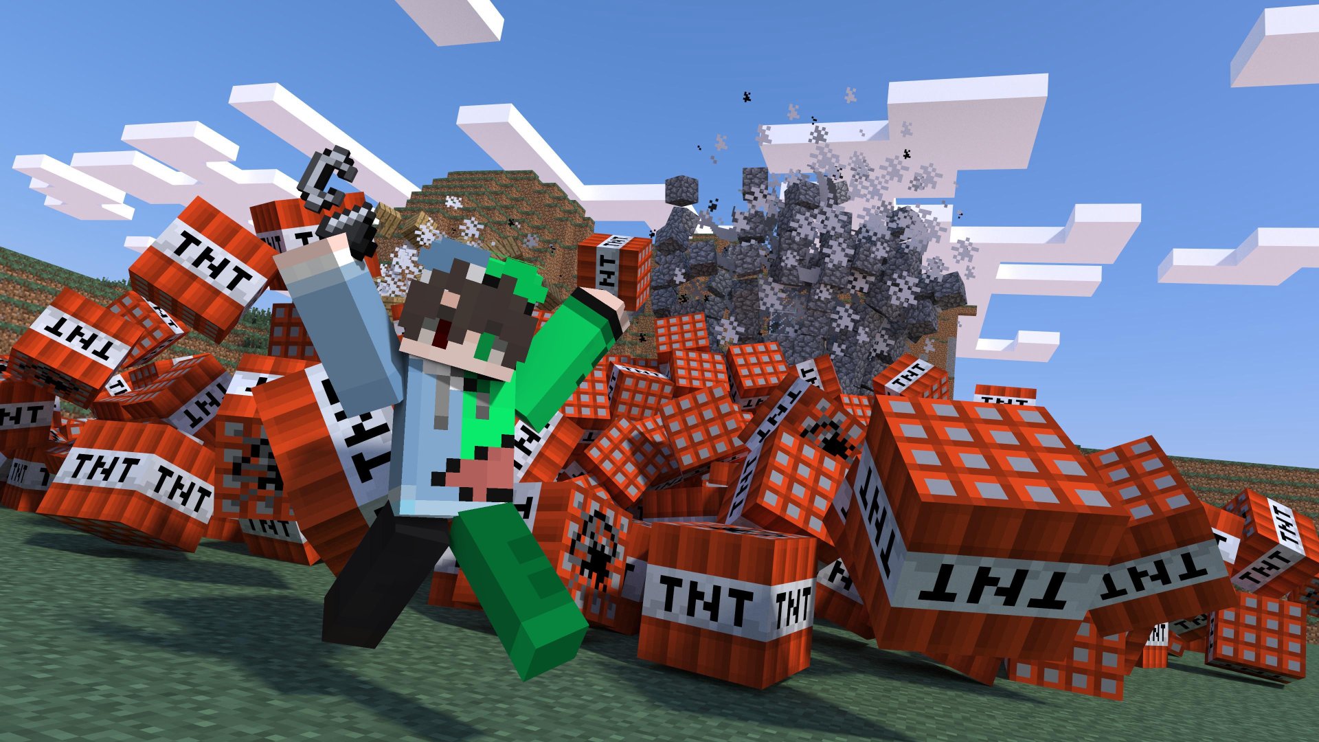 Взрываем очень много TNT с випчиком в майнкрафте