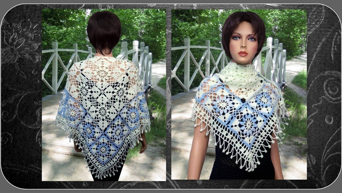 Шаль или бактус  из крупных цветных квадратных мотивов крючком с каймой