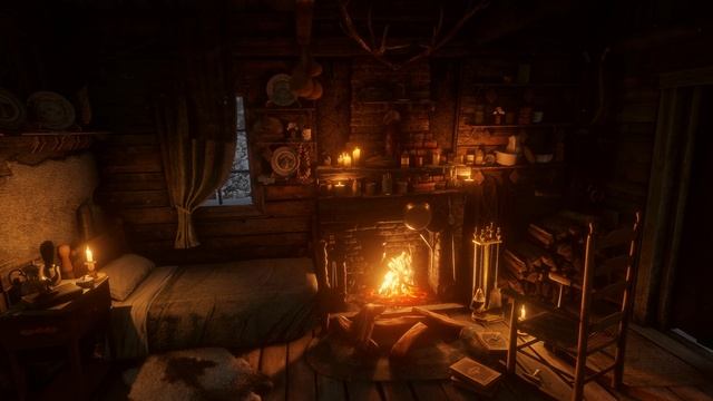 Уютный теплый домик со звуками вьюги и треском поленьев в камине