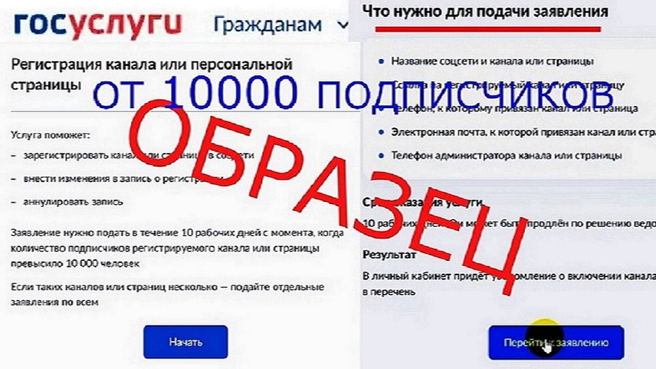 Регистрация канала или персональной страницы от 10000 подписчиков.Образец заполнения через Госуслуг