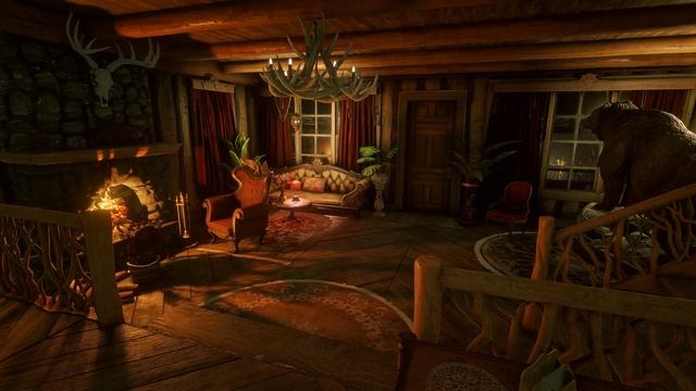 Уютный загородный дом с камином и волшебным дождем, бьющим по крыше