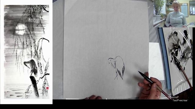 Как рисовать в стиле Суми-э Ива и птица