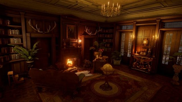 Уютная зимняя библиотека с теплым камином и звуками метели за окном