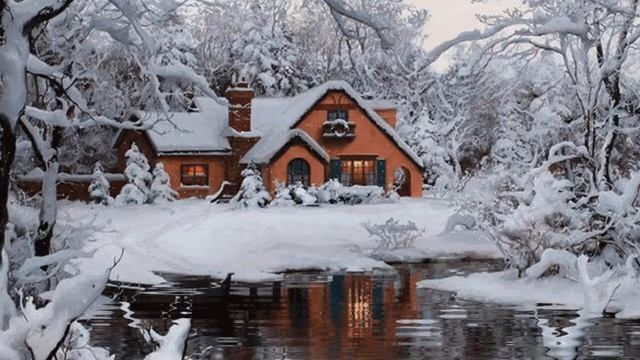 Зимний футаж. Дом у озера зимой.