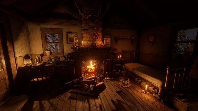 Старый домик лесника в зимнем лесу с теплым камином во время зимней бури