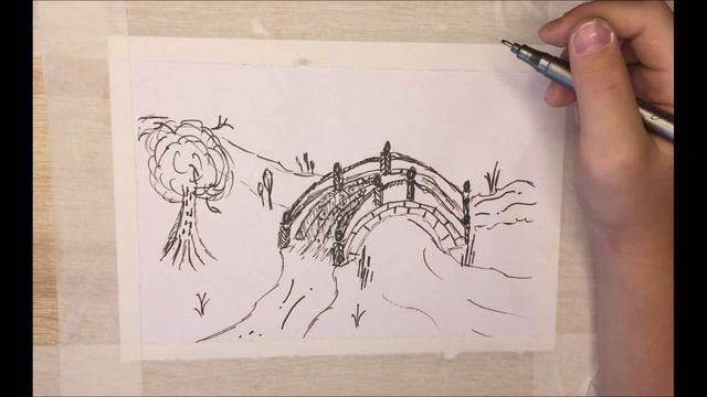 Как нарисовать пейзаж "мост через речку "