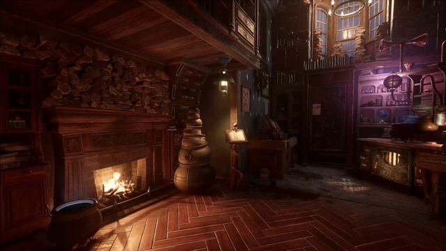 Алхимическая лавка с уютным камином и звуками дождя во время грозы