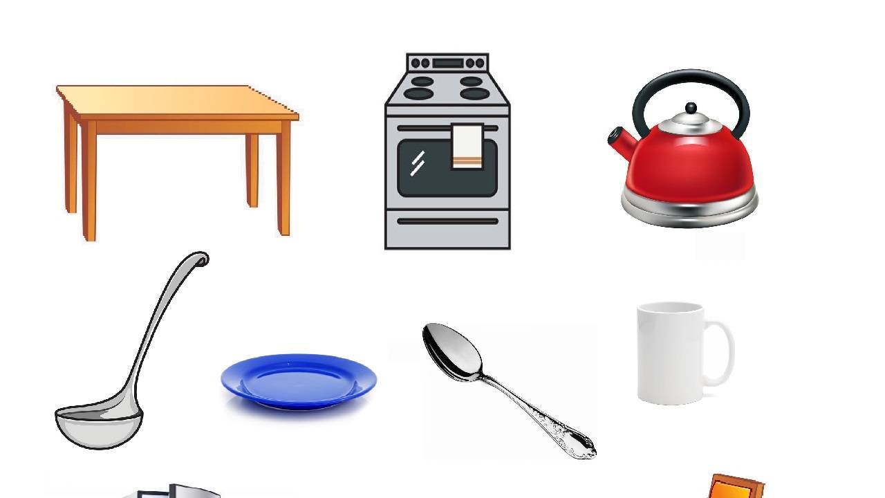 Кухонная мебель и принадлежности с названиями в картинках для детей малого возраста