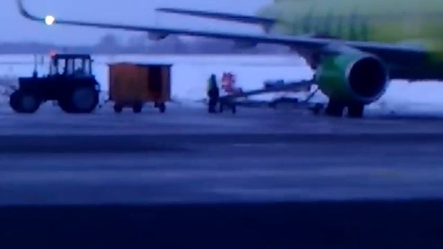 Разгрузка багажа в аэропорту Толмачёво.