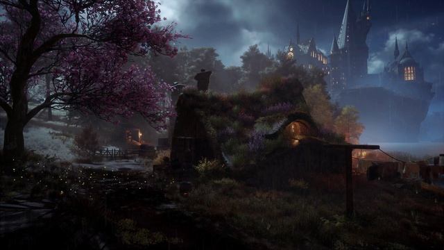 Наслаждайтесь звуками дождя и грома в маленькой хижине на фоне замка Хогвартс.