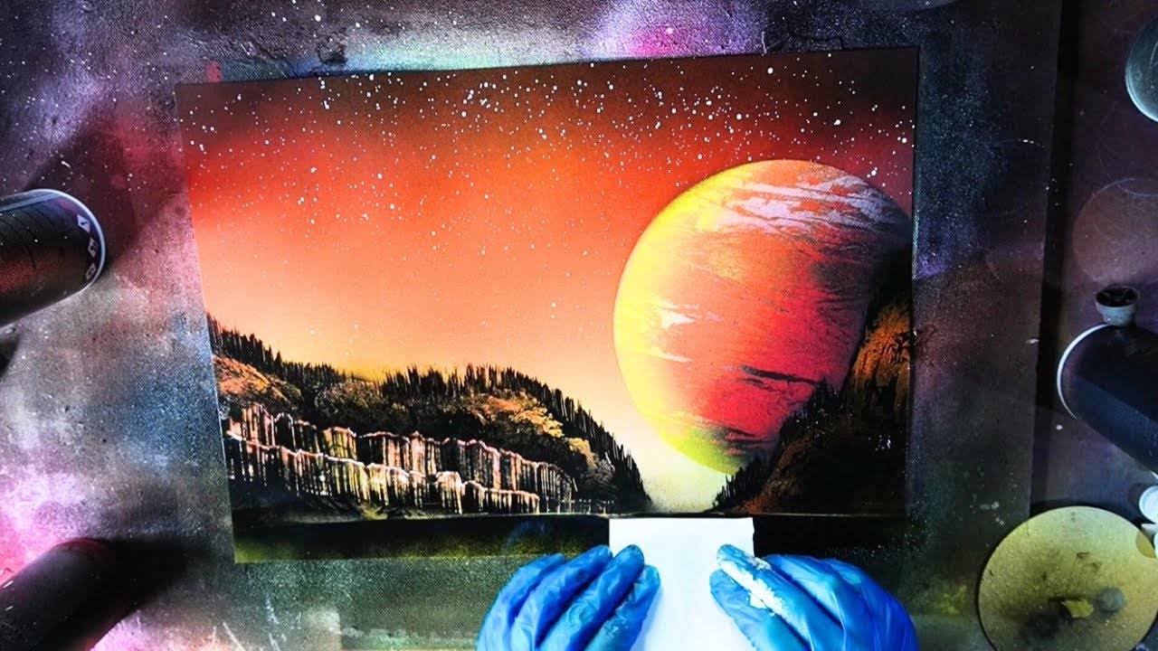 Рисунок Баллончиками: Закат на скалах | Spray Painting: Sunset on the cliffs