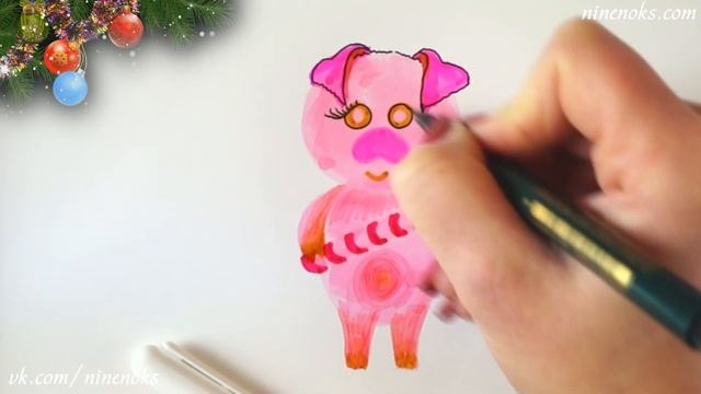 Рисуем новогоднюю хрюшку маркерами и фломастерами. Часть 2.