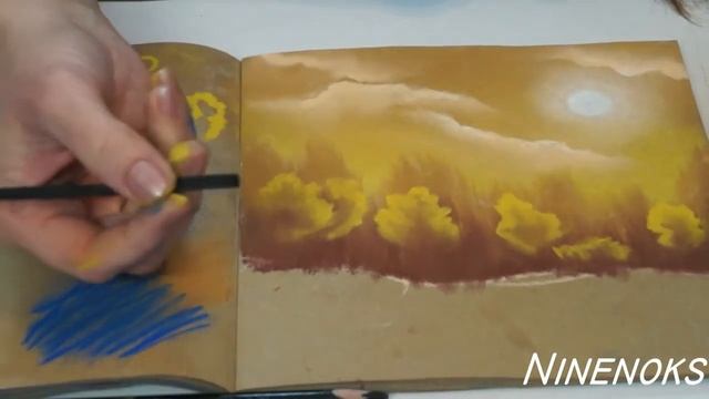 Как нарисовать ДЕРЕВЬЯ, дальний план и КУСТЫ сухой пастелью. Продолжение пейзажа.