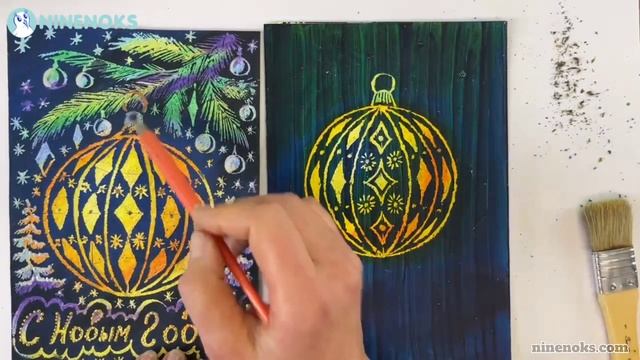 Новогодняя открытка в технике граттаж. Часть 2.