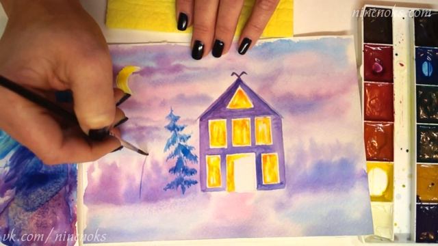 Подробный мастер-класс по акварели для начинающих. Рисуем ЗИМНИЙ ДОМИК. Master class in watercolor.