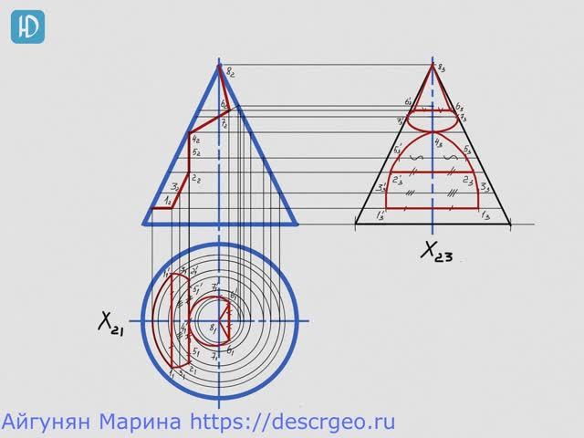 Задача 16. Построение профильной проекции конической поверхности с сечениями
