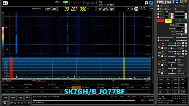 30.11.2024 11:41UTC, [10m, bcn], Радиолюбительский маяк SK7GH/B, JO77BF, Швеция, 28297.9кГц