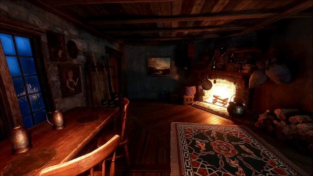 Дождь с громом бушует за окном теплой хижины с камином