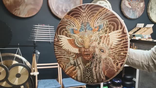 Бубен Shamanic Индонезия 50х50см с рисунком / Шаманский бубен / тюнгур / дюнгюр / shamanic.moscow