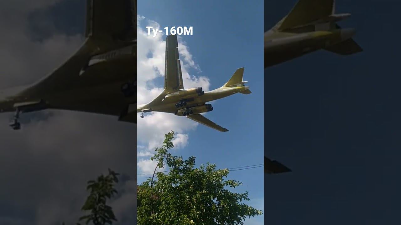 Ту-160М с двигателями НК-32-2 заходит на посадку. Съемка с двух точек обзора.