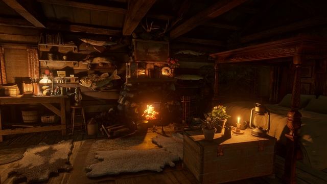 Теплая рыбацкая хижина с уютным камином, где звучат раскаты грома и шум дождя.