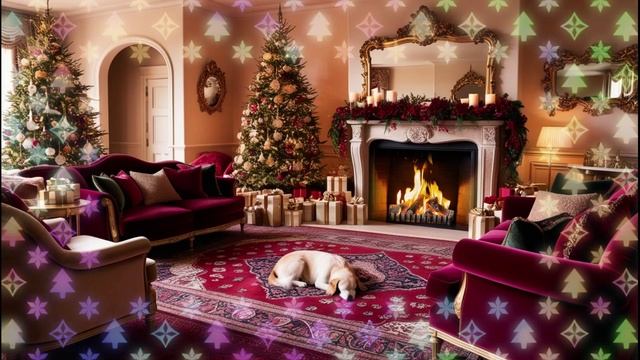 Музыка для Души и Тела. Праздничный уют: собака у камина, новогодние украшения.