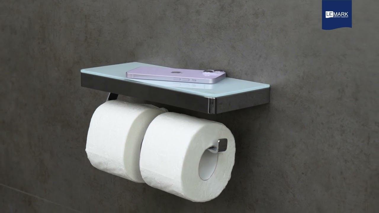 Двойной держатель для туалетной бумаги Lemark GLASS LINE с полкой, хром/белое стекло