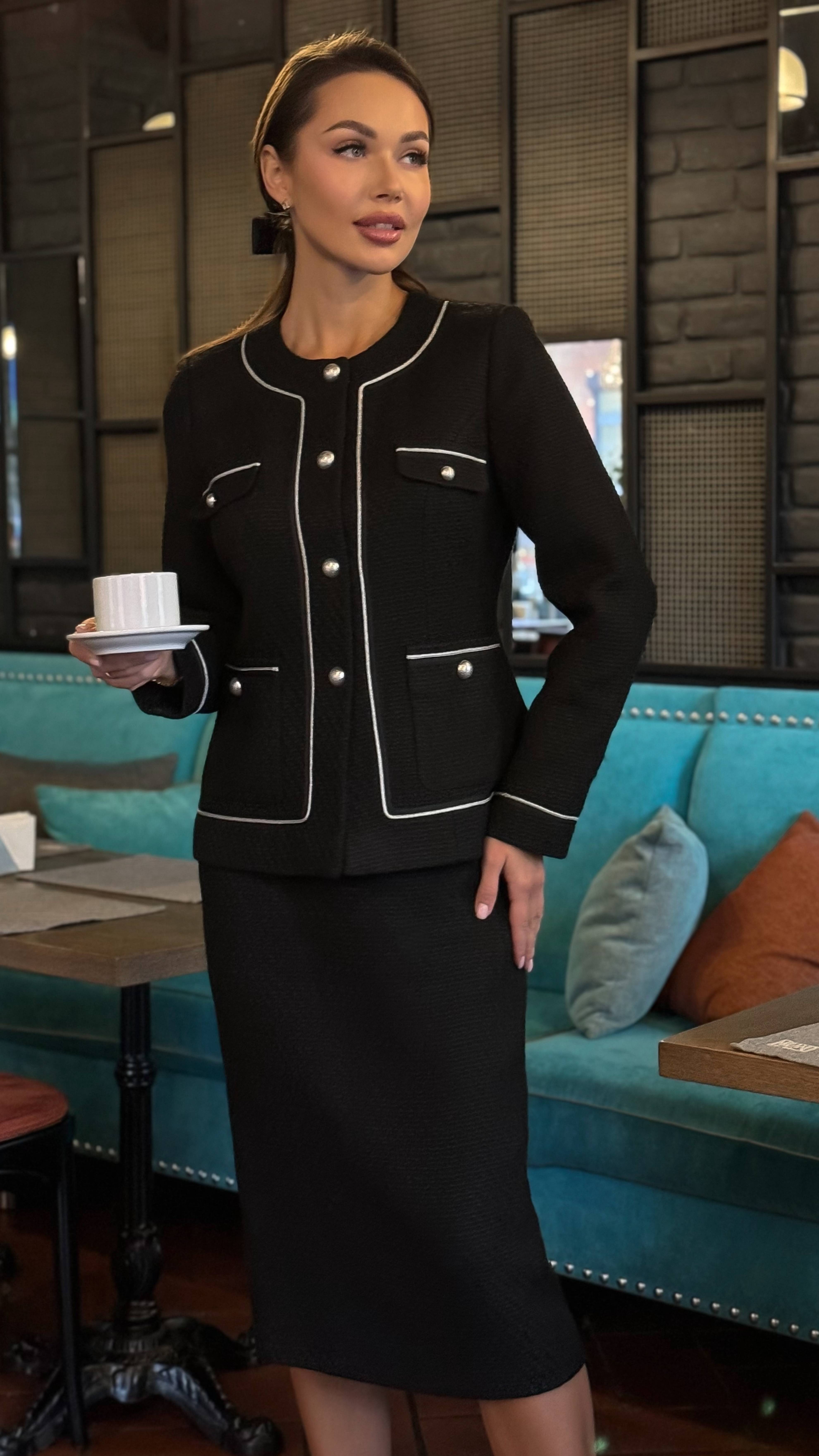 Черный женский костюм большого размера из твида. 24-412-1+