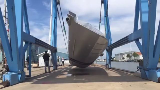 Bestevaer 49ST aluminium hull turned at KM Yachtbuilders