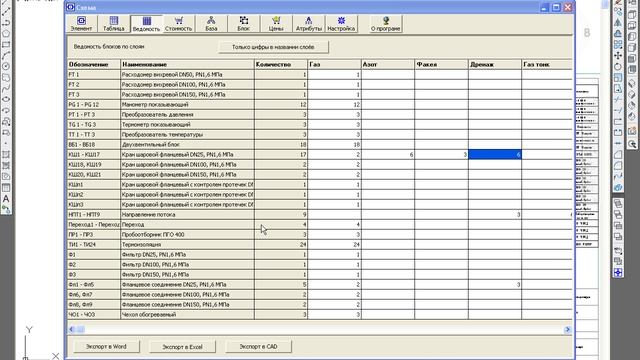 Получение ведомости элементов по слоям
