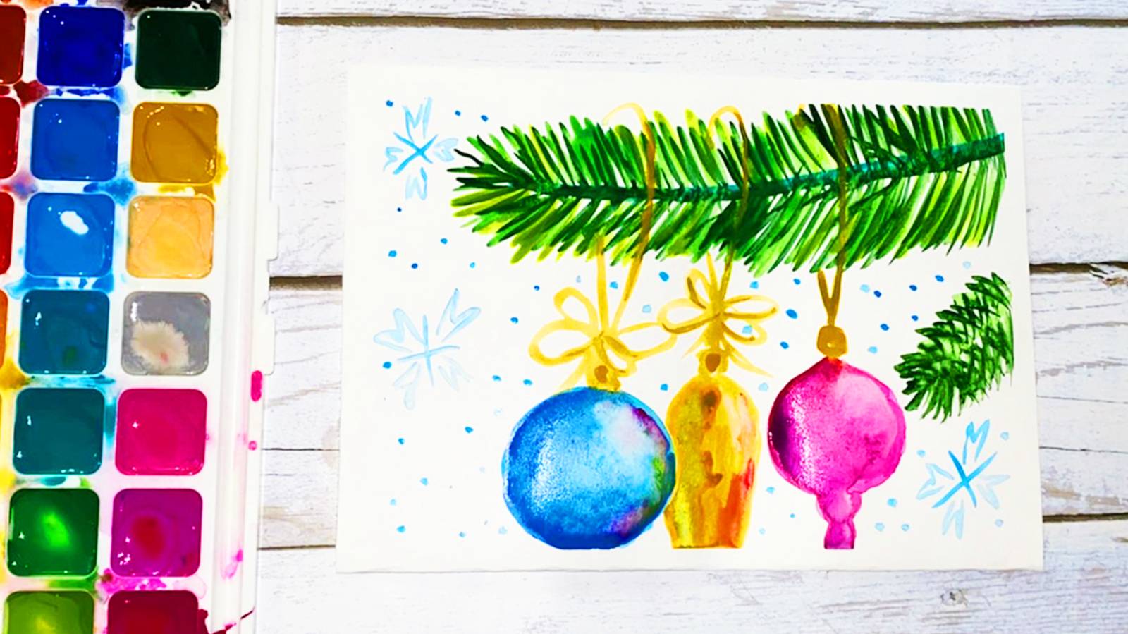 Как нарисовать елочную ветку с игрушками. Новогодний рисунок