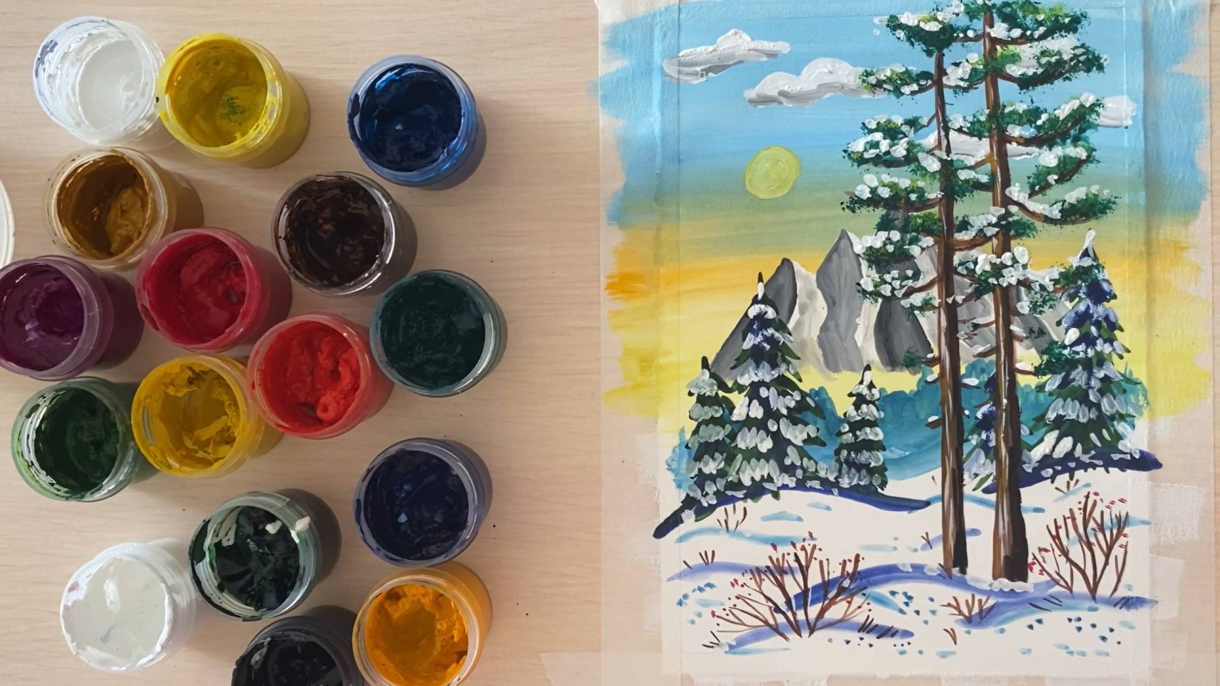 Как нарисовать красивый зимний пейзаж — пошаговый урок рисования гуашью