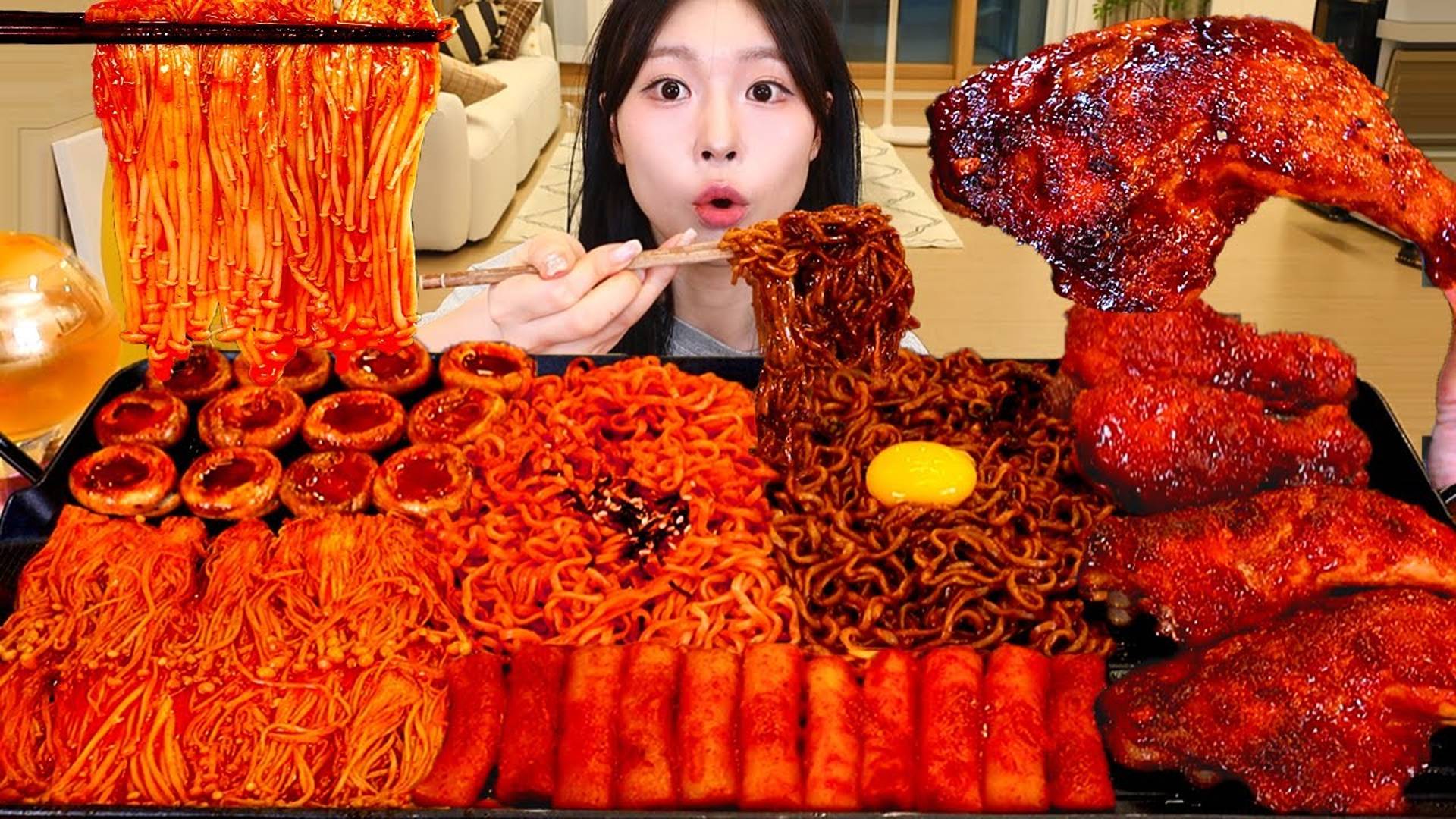 FRIED CHICKEN AND FIRE NOODLES EATING || ASMR || MUKBANG