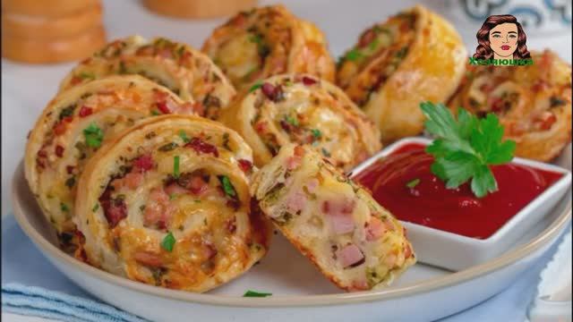 Слоёные рулетики с ветчиной, сыром и чесноком