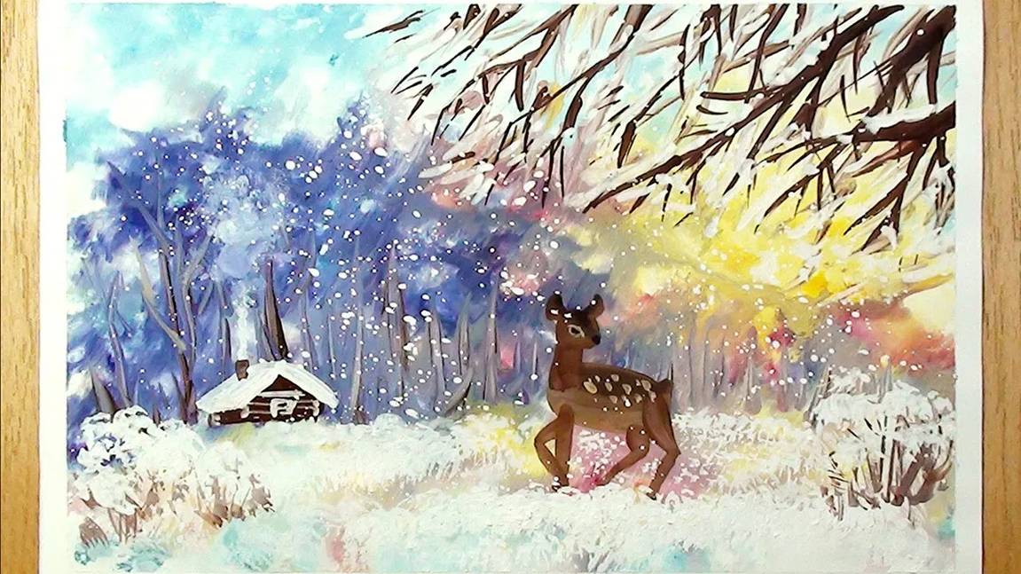Как  легко нарисовать Зиму поэтапно гуашью. Олененок. Видео уроки рисования для  начинающих