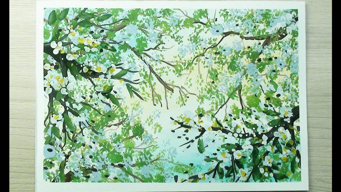 Как нарисовать весну легко. Цветущий сад гуашью. Поэтапный видео урок для начинающих