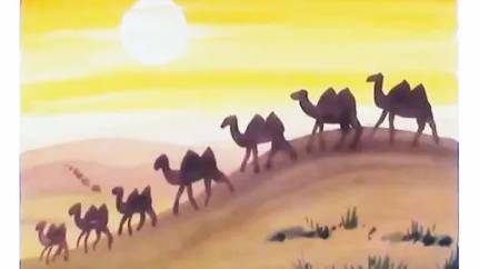 Летний пейзаж гуашью. Караван верблюдов. Легкий поэтапный пейзаж.