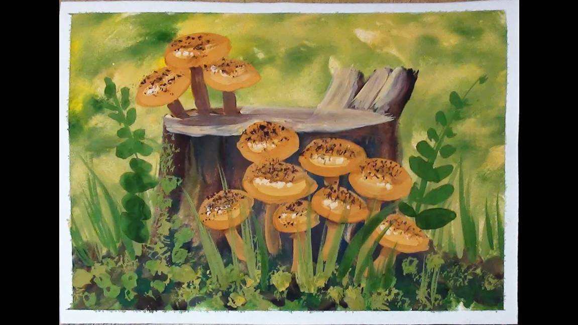 Как нарисовать ГРИБЫ ОПЯТА красками, гуашью. Поэтапное рисование для  начинающих.
