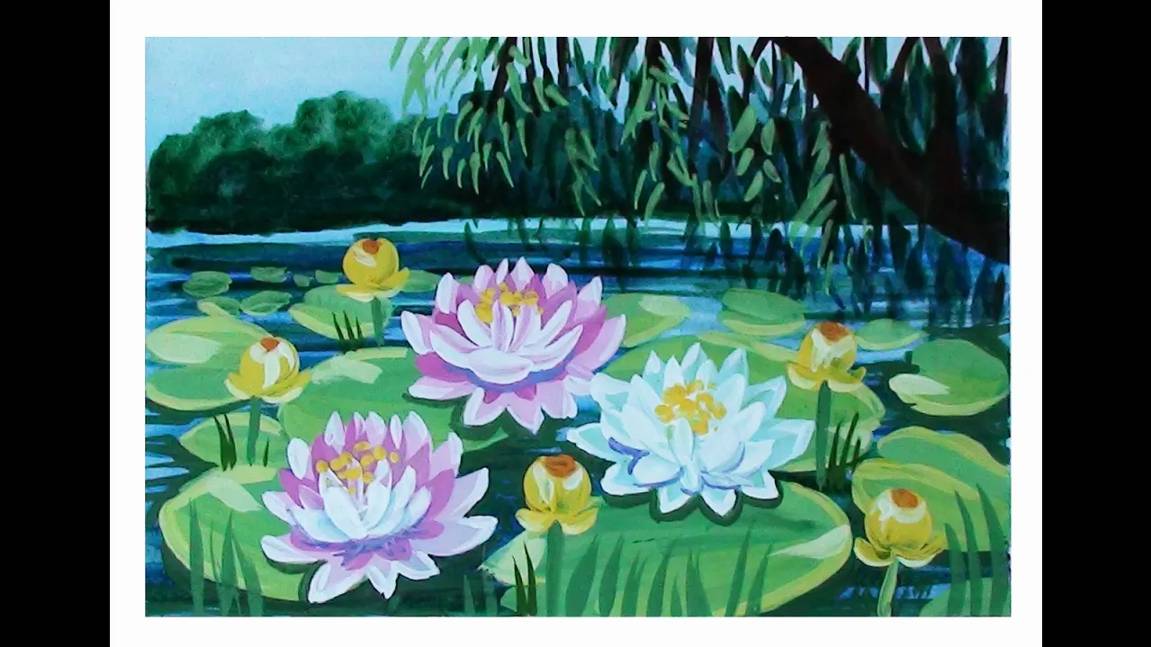 Как нарисовать цветы кувшинки, водяные лилии гуашью. Пейзаж для начинающих.