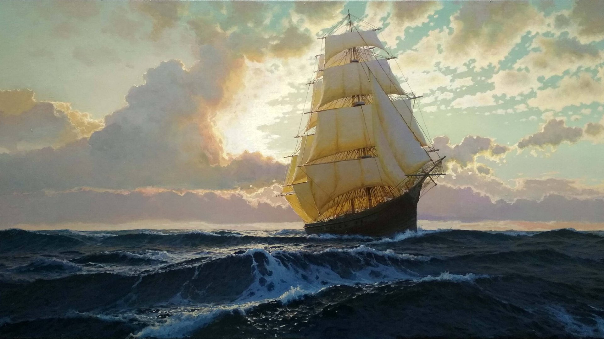 Парусник в море маслом на холсте