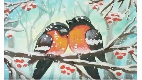 Как нарисовать снегиря на ветке рябины. Как нарисовать зимний пейзаж гуашью. Птичка нарисовать